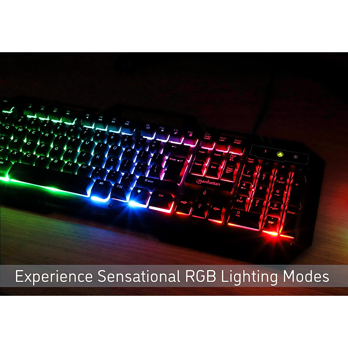 Manhattan Wired Membrane Gaming Keyboard –with Backlit RGB LED, Metal Base, IPX4 Splashproof, Phone Holder, 12 Multimedia Function Quiet Keys-for Computer, PC, Desktop, Gamer –3 Yr Mfg Warranty–180610