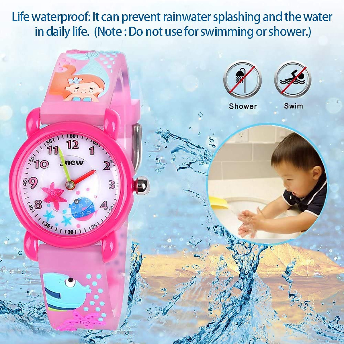 Kids Waterproof Watch, 3D Lovely Cartoon Watch for Girl and Boy-The Best Gift, Mermaid Red, strap