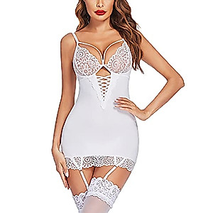 Avidlove Women Sexy Lingerie with Garter Belt Lace Babydoll Full Slips Chemise Sleepwear White XXX-Large