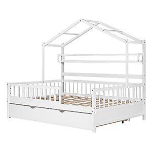 Merax Full Size House Bed with Trundle, Wooden Full Size Platform Bed Frame with Shelf, No Box Spring Needed, White