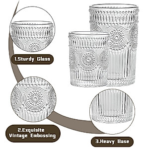 BOATDID Vintage Drinking Glasses Tumbler Set of 6,Embossed Water Glasses Cocktail,Juice,Beer,Iced Coffee,Clear Glassware for Kitchen,Thick & Heavy Glass Highball Glasses with Heavy Base 12oz/9oz