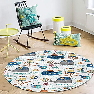 Round Modern Area Rug Mats for Living Room Cute Submarine Whale Fish Octopus Cartoon Ocean Sea Life Pattern Non-Slip Floor Mat Carpet Soft Throw Rug Comfort Accent Rug for Kitchen/Kids Room
