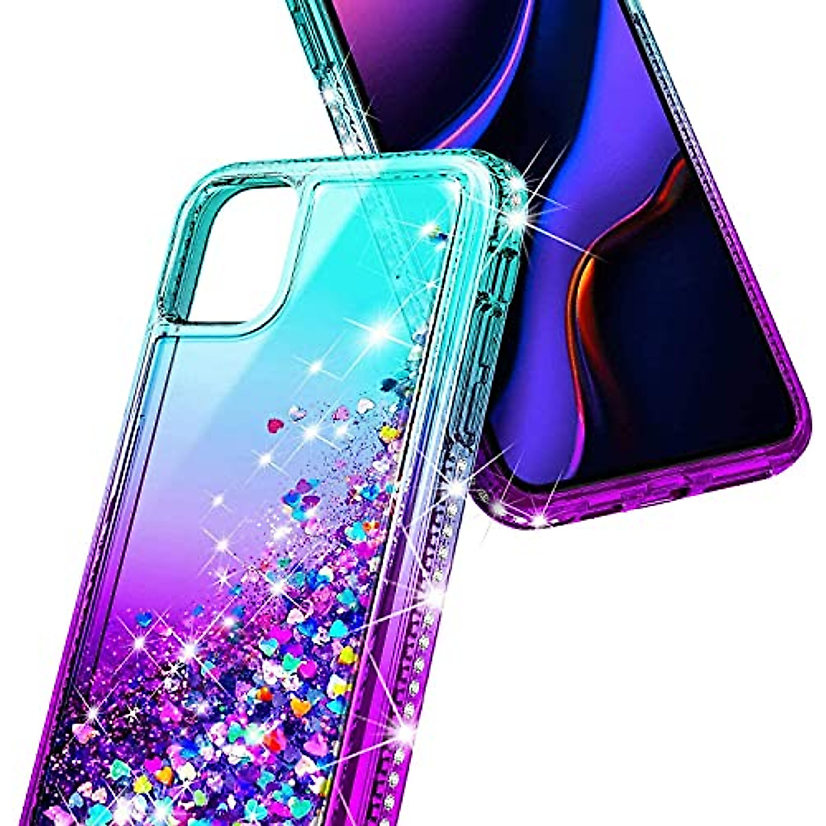 NGB Compatible with iPhone 12 Mini Case with Tempered Glass Screen Protector, Ring Holder/Wrist Strap, Girls Women Liquid Bling Sparkle Floating Glitter Cute Phone Case (Aqua/Purple)