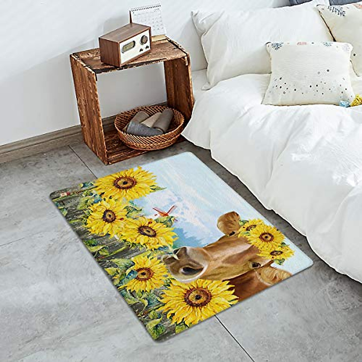 Kitchen Mat, Cow Farm Animal Rustic Sunflower Kitchen Rugs Kitchen Organization, Anti-Fatigue PVC Leather Kitchen Floor Mats Kitchen Runner Rug, Kitchen Decor Standing Desk Mats