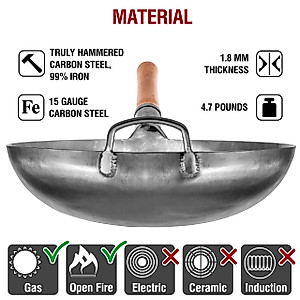 YOSUKATA Silver Round Bottom Wok Pan – 14" Woks and Stir Fry Pans 17’’ Wok Spatula and Ladle - Set of 2 Heat-Resistant Wok Tools - Universal Wok Ladle Flat Bottom Pow Wok