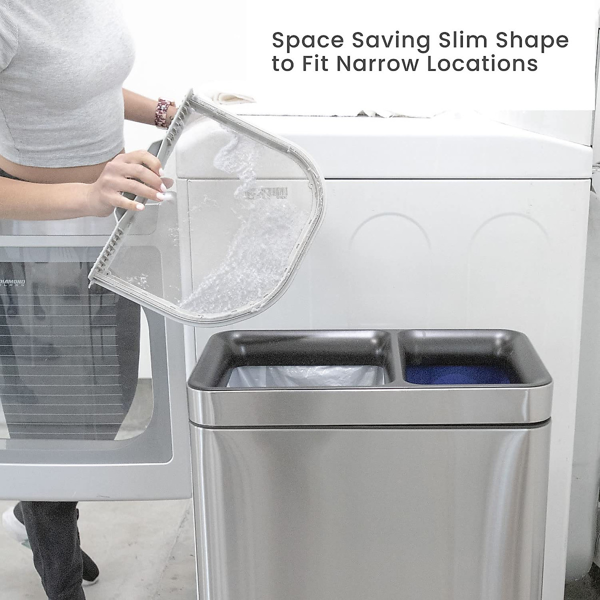 Home Zone Living 13 Gallon Kitchen Trash Can, Dual Removable Liners for Recycling and Trash, Wide Stainless Steel Shape, Open Top, No Lid Design (8 + 5 for 13 Gallon Total)