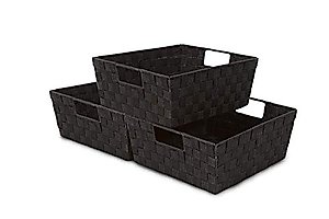 Sorbus Woven Basket Bin Set - Shelf Storage Tote Baskets for Household Items - Stackable with Woven Straps & Built-in Carry Handles (Black)