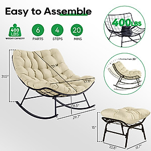 PORWEY Patio Rocking Papasan Chair, Outdoor & Indoor Egg Reading Chair, Oversized Royal Comfy Cozy Lounge Rocker Recliner with Large Cushion, Steel Frame and Ottoman for Bedroom, Living Room,Beige