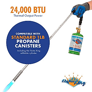 Flame King Propane Torch Weed Burner, 24000 BTU + Empty Refillable 1LB Empty Propane Cylinder Tank - Reusable - Safe and Legal Refill Option - DOT Compliant - 16.4 oz, Green