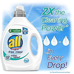 all Laundry Detergent Liquid, Free Clear for Sensitive Skin, Odor Relief, Unscented and Hypoallergenic, 2X Concentrated, 90 Loads