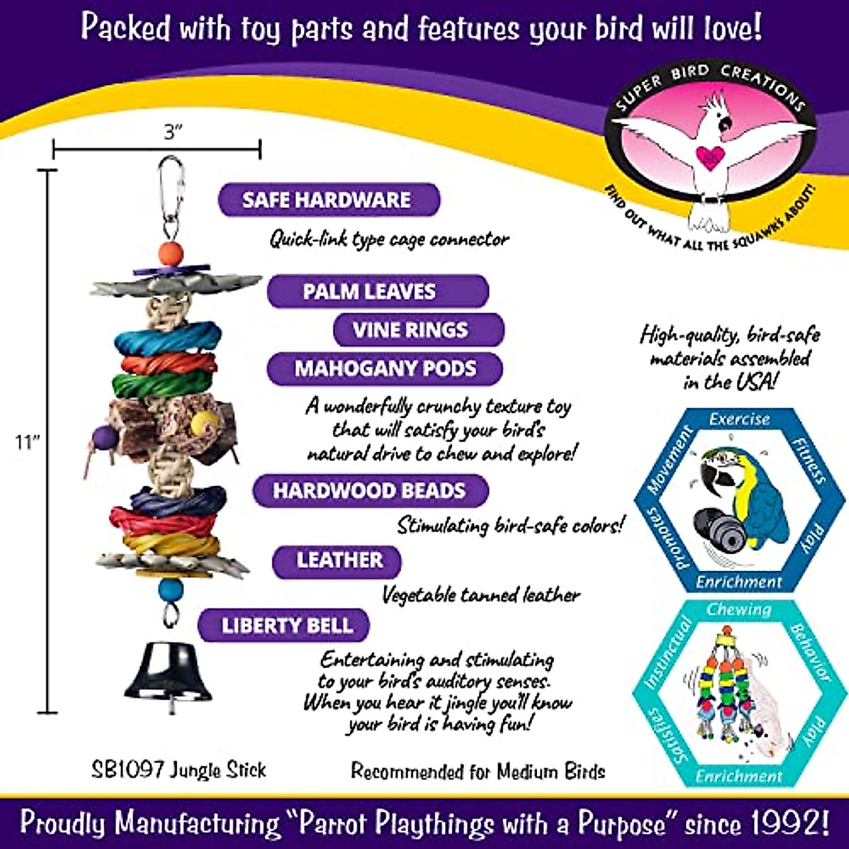 Super Bird Creations SB1097 Jungle Stick Bird Toy, Medium Bird Size, 11.5" x 3"