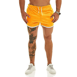 Ouber Men's Fitted Shorts Bodybuilding Workout Gym Running Tight Lifting Shorts with Pockets (Yellow, Small)