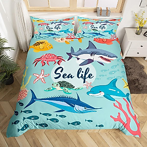 Sea Turtle Comforter Cover Set Twin Size Ocean Fish Marine Life Duvet Cover Under Sea Life Bedding Set for Kids Child,Underwater World Coastal Creature Quilt Cover,Nautical Sea Animal Bedroom Decor