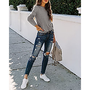 Sherosa Women's T-Shirts Long Sleeve Crew Neck Lightweght Loose Fall Tops Grey,L