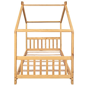 Harper & Bright Designs Toddlers House Platform Beds, Solid Wood Twin Size Floor Montessori Bed with Headboard & Footboard, House Cabin Bed Frame for Kids, Teens, Girls, Boys (Natural)