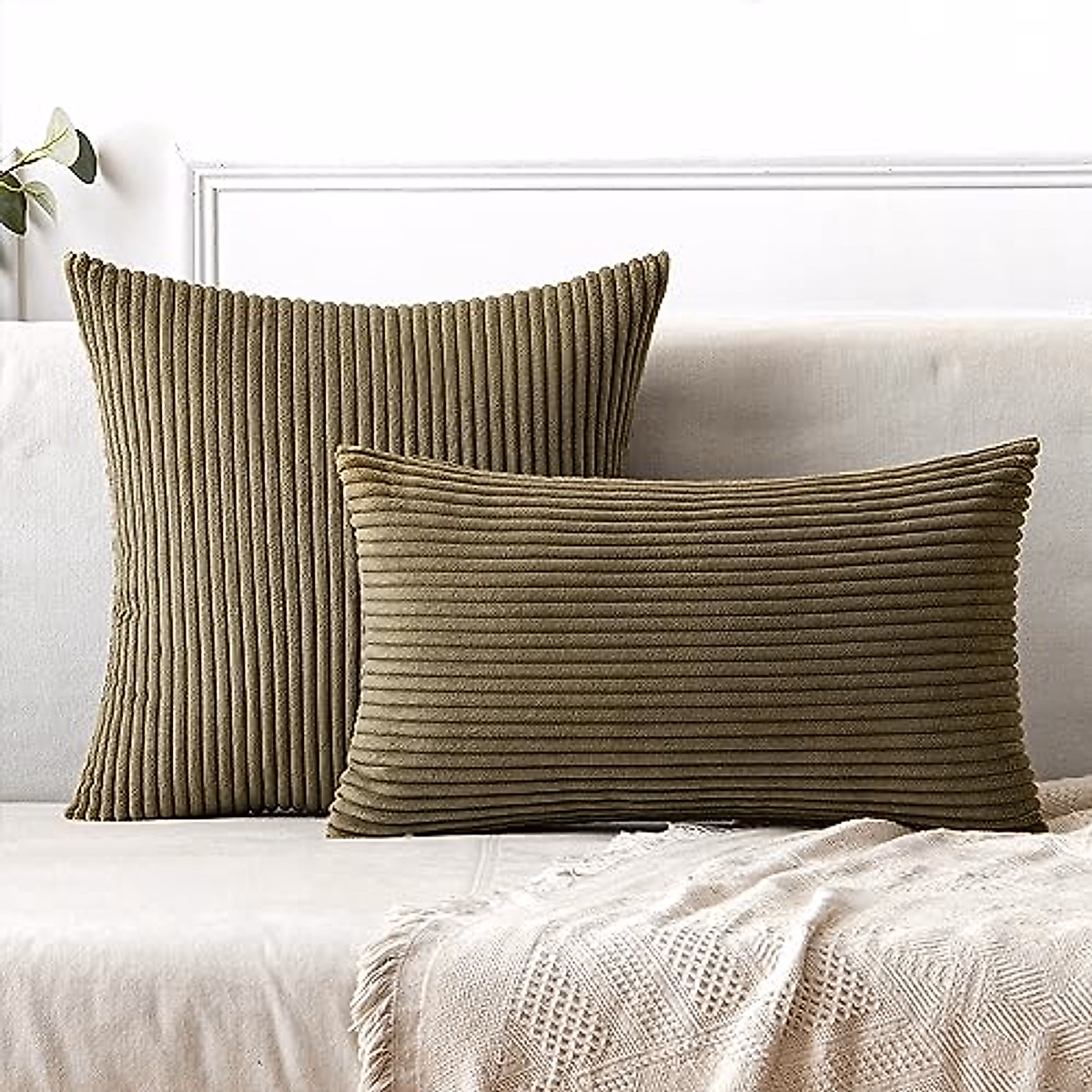 Woaboy Pack of 2 Corduroy Pillow Covers 20x20 Super Soft Boho Striped Pillow Covers Olive Green Decorative Throw Pillows Home Decor for Spring Couch Sofa Cushion Bedroom Livingroom