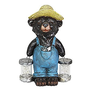 Exhart Garden Sculpture, Farmhouse Black Bear Solar Garden Statue with Glass Jars, LED Firefly Lights, Outdoor Garden Decoration, 12.5 Inch