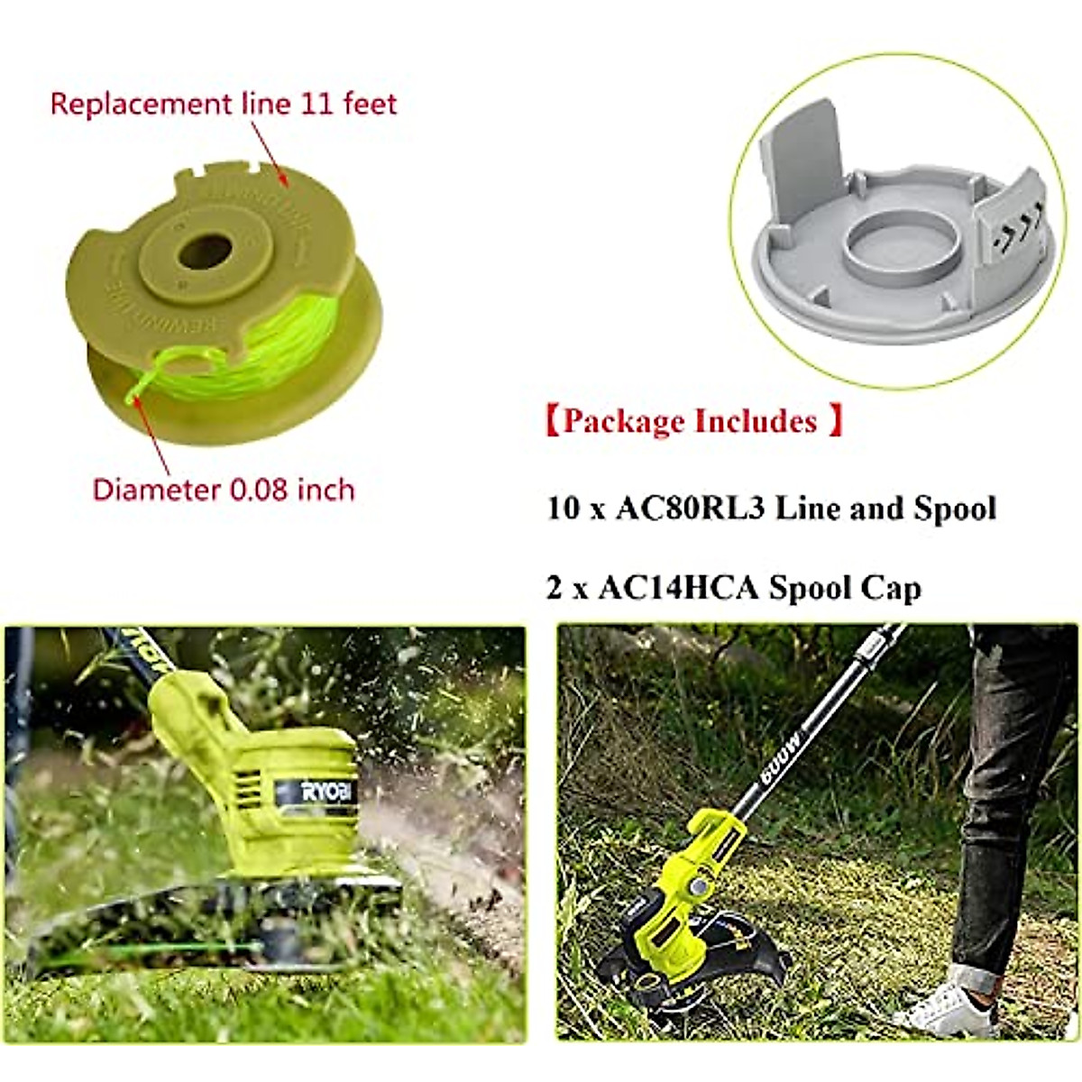 AC80RL3 String Trimmer Replacement Spool, Compatible with Ryobi One Plus+ AC80RL3 18v, 24v, and 40v Cordless Trimmers, 080 Inch Twisted Line, AC80RL3 Weed Eater String Auto-Feed Spool Line 11ft