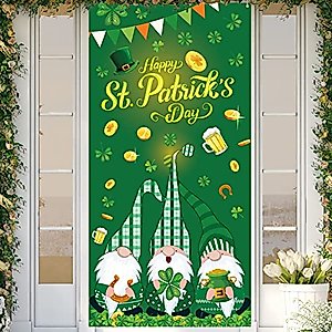 Happy St. Patrick's Day Door Cover Saint Patricks Gnome Banner Green Shamrock Decorations St Patricks Day Theme Banner Sign Irish Luck Day Outdoor Indoor Backdrop for Party Home Decorations Supplies