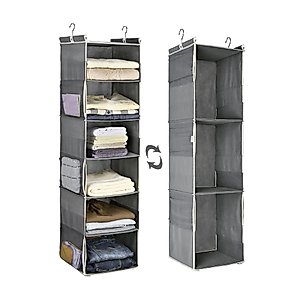 ULG 1 PC Hanging Closet Organizer, 3-in-1 to 6-in-1 Reversible Closet Hanging Shelves with 6 Side Pockets for Wardrobe Clothes Sweater Storage, Foldable, Dark Gray