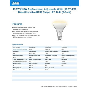 Feit Electric BR30 LED Light Bulb, 100W Equivalent, Dimmable, 5CCT, E26 Medium Base, 90 CRI, 1400 Lumens, Recessed Can Light Bulbs with Switch on Bulb, 13-Year Lifetime, BR30100DM5CCTCA15K/2, 2 Pack