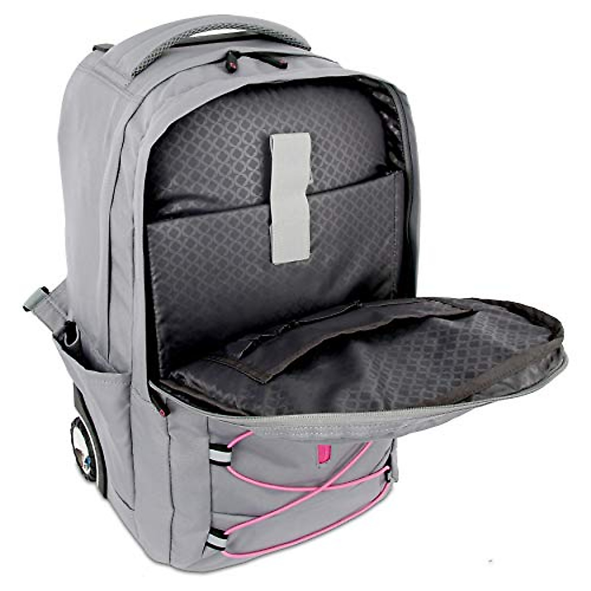 J World New York Lash Rolling Backpack. Laptop Bag Wheeled Carry-On Travel, Grey/Pink, 19 X 13 X 7.5 (H X W X D)