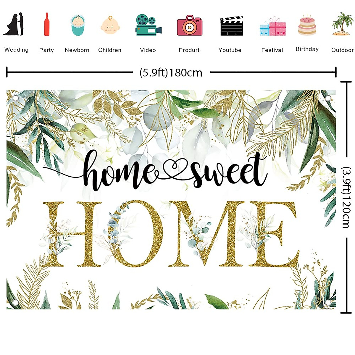 Crefelimas Greenery Home Sweet Home Backdrop Housewarming Decorations Background New House Party Photography Wedding Bridal Shower Copper Grommets Banner