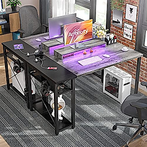 armocity Computer Desk with LED Lights, Gaming Desk with Power Outlet and USB, 40 Reversible Laptop Table with Moveable Monitor Stand, Small Desk for Small Spaces, Office, Gaming Room, Grey and Black