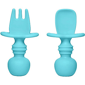 Silikong Silicone Utensils, Baby Fork and Spoon Set, Training Utensils, Baby Led Weaning Stage 1 for Ages 6 Months (Blue)