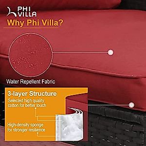 PHI VILLA Outdoor Patio Rattan Sectional Sofa- Small Patio Wicker Furniture Sofa Set 3-Piece, Red