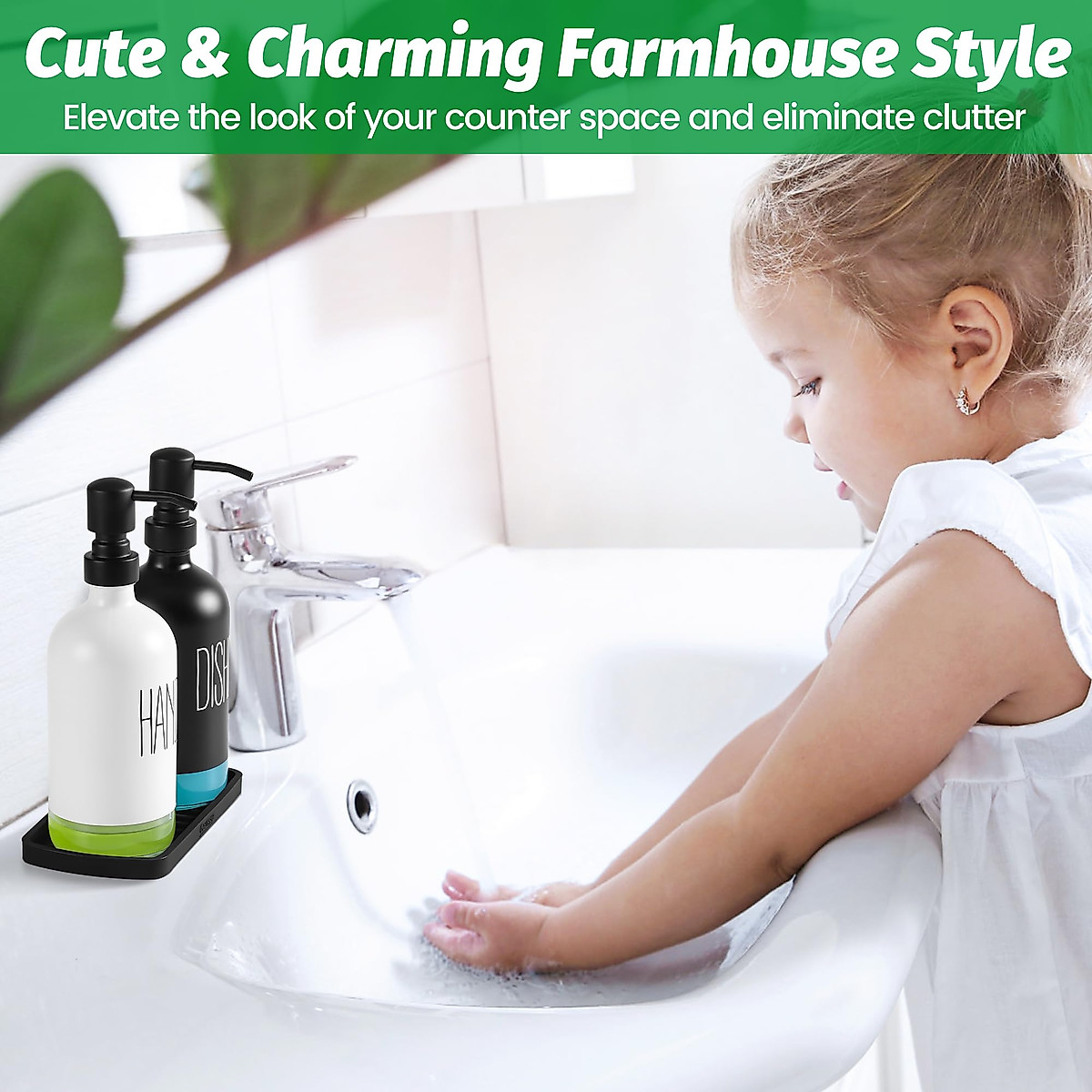 Gaussra Kitchen Soap Dispenser Set with Tray, Hand and Dish Soap Dispenser for Kitchen Sink, Stainless Steel Pump, 16 Oz Glass Soap Dispenser Bathroom, Modern Farmhouse Kitchen Decor (Black White)