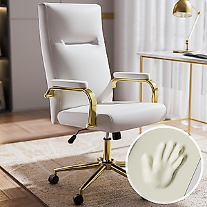 GXJ White and Gold Office Chair, Leather Desk Chair with Wheels and Arms, High Back Executive Computer Chair for Girl and Women