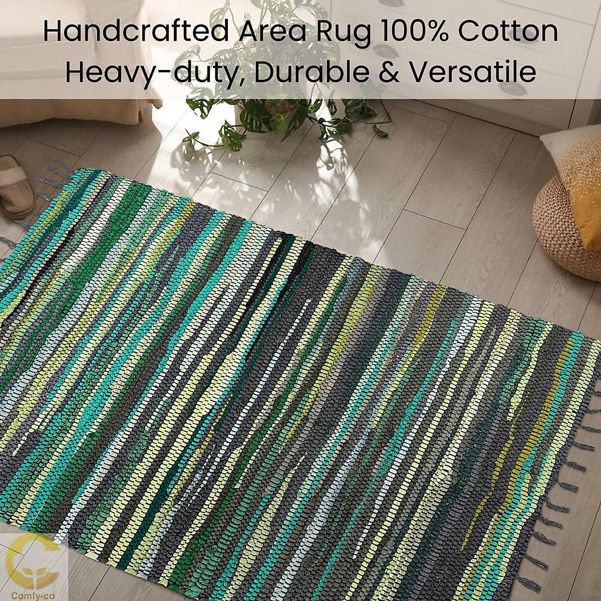 Comfy-co Handcrafted Area Rug Chindi Rug 3x5 ft - Hand-Woven Cotton Area Rag Rug - Reversible Floor Rug for Bedroom Living Room Kitchen Dorm Entryway Hallway - Chindi Area Rug Green Multi