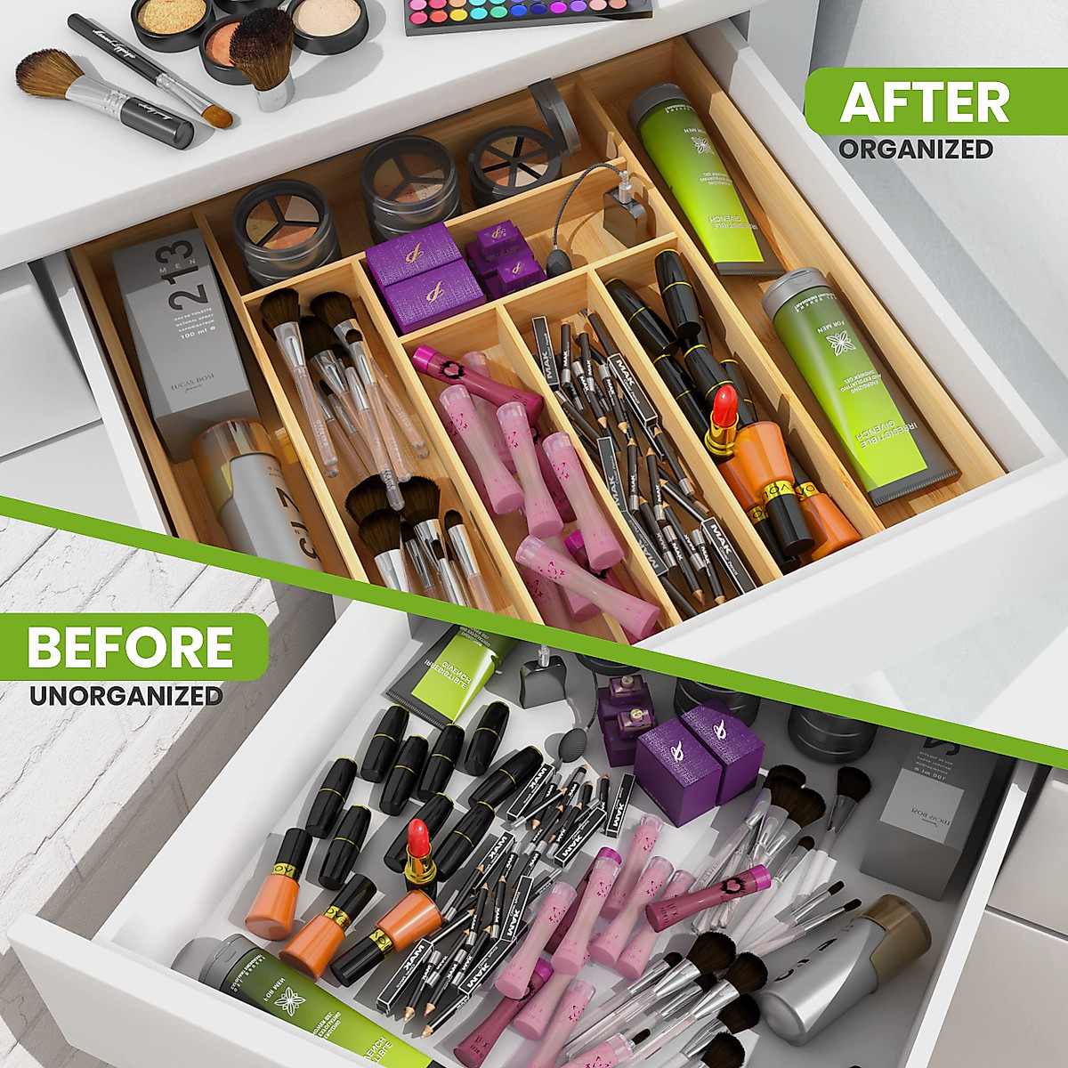 Expandable Bamboo Organizer 8 Compartment 2 Piece Set - Bamboo Drawer Dividers Organizer - Adjustable Drawer Holder for Kitchen, Silverware, Flatware, Living Room and Utensils (Black and Natural)