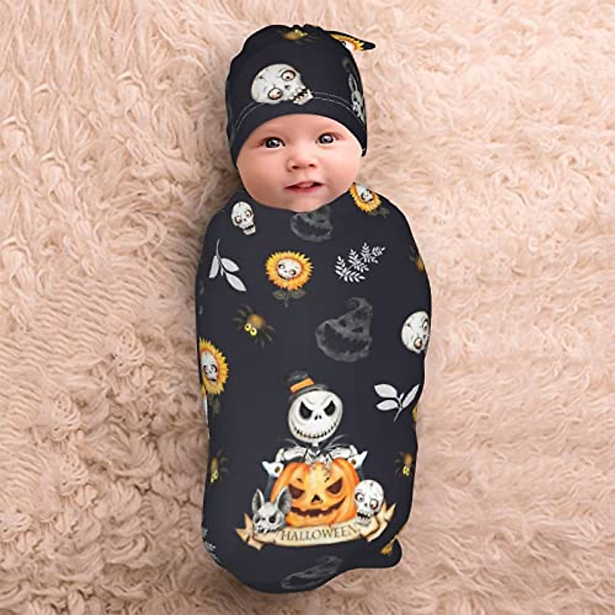 AuHomea Halloween Pattern in Black Skulls Newborn Swaddle Blanket Soft Unisex Infant Swaddle Wrap Blanket Baby Receiving Blanket with Beanie Hat for Boy and Girl