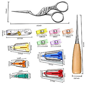 Neo LOONS Bias Tape Maker Set, Sewing Fabric Bias Tape Maker Tool Kit 6MM 9mm 12MM 18MM 25MM with 5 Pieces Cloth Clips, Awl, Sewing Craft Scissor & Soft Tape Measure Tool for Quilt Binding