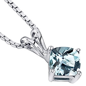 PEORA Solid 14K White Gold Aquamarine Pendant for Women, Genuine Gemstone Birthstone Solitaire, 0.75 Carat Cushion Cut, 6mm