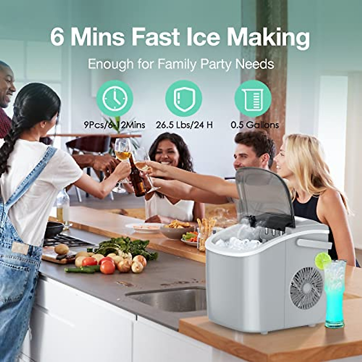 Ice Maker Countertop, Fast Ice Making in 6 Mins 9 Bullet-Shaped Ice, 26.5lbs/24Hrs, Portable Ice Maker Machine with Self-Cleaning, Scoop, Bags and Basket, for Home/Kitchen/Office/Bar/Party