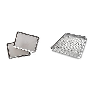 USA Pan Nonstick Quarter Sheet Pan Set of 2 and Half Sheet Baking Pan and Bakeable Nonstick Cooling Rack Set