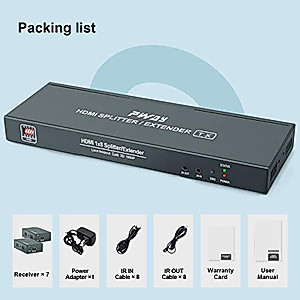 1080p 1x7 7 Port HDMI Extender Splitter Over CAT6/CAT6a/CAT7 Ethernet Cable with an HDMI Loop Out & Bi-Directional IR Remote Control &EDID Management(1 in 7 Out) –Up to 50m (165ft) at 1080p 60Hz
