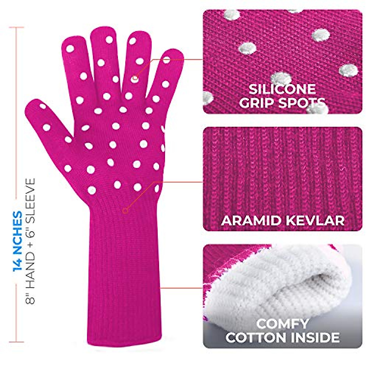 Oven Gloves with Fingers by Beets & Berry, Cooking Gloves Heat Resistant up to 650°F, for Small Hands, Baking Gloves Extra Long, BBQ Glove, Oven Glove, Kitchen Gloves for Oven, Grill Gloves, Pink