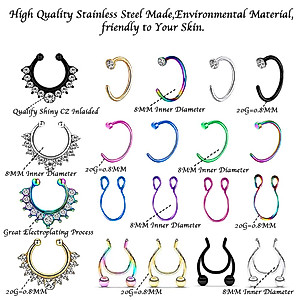 Naomimeier 20PCS Fake Nose Rings, Fake Septum Fake Nose Ring, Clip On Nose Ring, Faux Nose Ring, Fake Nose Piercings, Fake Lip Ear Nose Septum Rings, Stainless Steel Fake Piercings