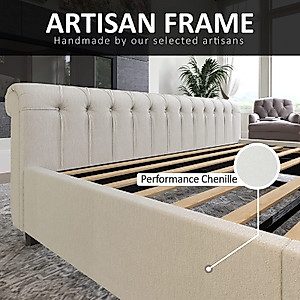 AMERLIFE King Size Platform Bed Frame, Chenille Upholstered Sleigh Bed with Scroll Wingback Headboard & Footboard/Button Tufted/No Box Spring Required/Cream