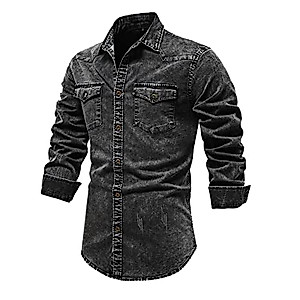 Full Sleeve Scrub Top Men's Washed Classic Slim Pocket Jeans Long Sleeve Shirt Body Suit Men Black