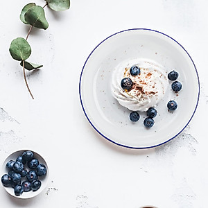 Dicunoy Pack of 5 Enamel Plates, 9.5" Unbreakable Enamelware Dinner Serving Platter Trays, Retro White Round Shallow Bowls with Blue Rim for Pasta, Salad, Camping, Outdoor, Picnic, BBQ