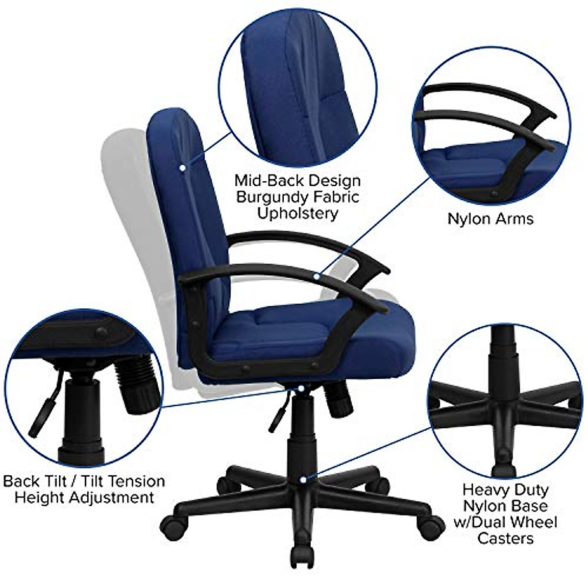 Flash Furniture Garver Mid-Back Navy Fabric Executive Swivel Office Chair with Nylon Arms