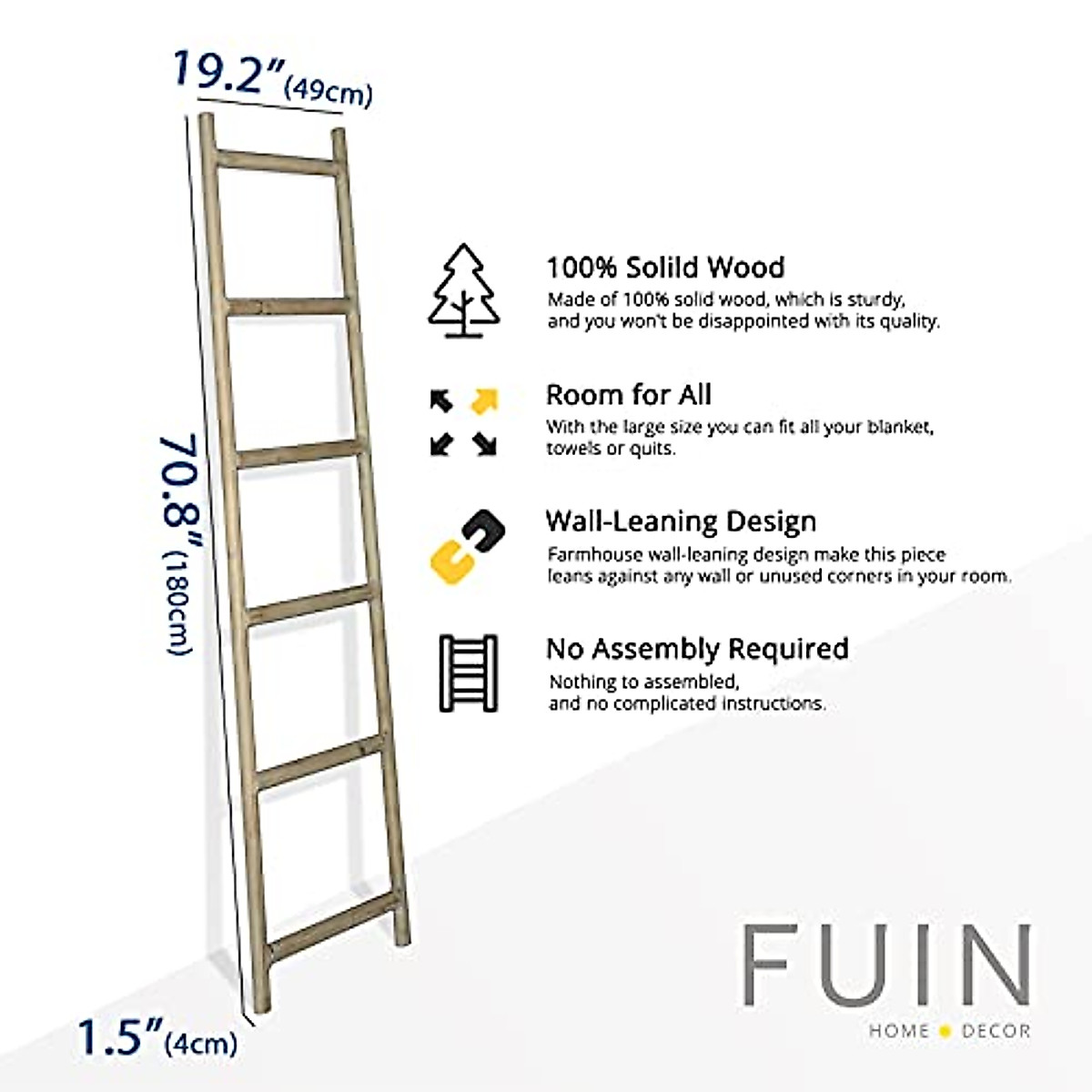 FUIN 6ft & 5ft Wood Decorative Wall Leaning Blanket Ladders Bathroom Storage Quilt Towel Display Rack Shelf Holder Rustic Farmhouse, Brown