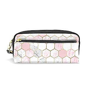 ALAZA Cute Pencil Case White Marble Rose Gold Lattice Geometric Pen Cases Organizer PU Leather Comestic Makeup Bag Make up Pouch