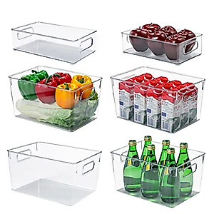 Set of 6 Refrigerator Organizers Bins - Clear Plastic Storage Bins Pantry Bins with Handles, for Freezers/Kitchen Countertops/Cabinets(4 Large and 2 Medium) (6)