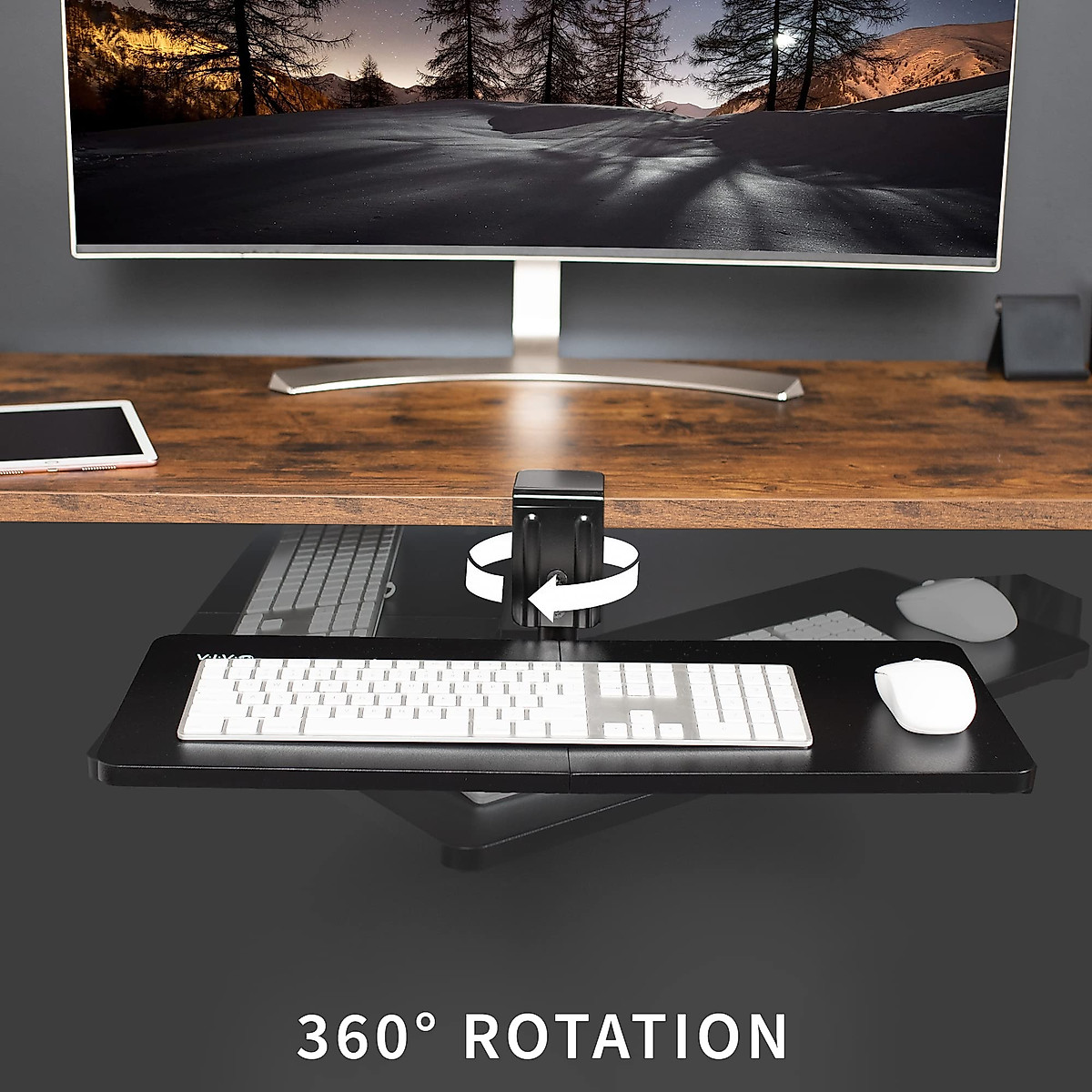 VIVO Clamp-on Rotating Computer Keyboard and Mouse Tray, Swiveling 25 x 10 inch Platform with Extra Sturdy Single Desk Clamp, Ergonomic Typing, Black, MOUNT-KB01CB